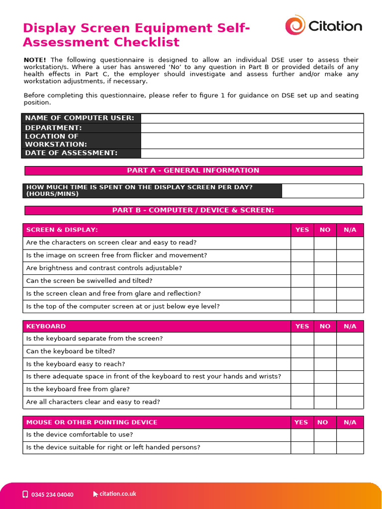 Display Screen Equipment DSE VDU Self Assessment Checklist | PDF