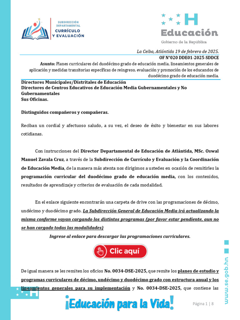 OF N°020 DDE01-2025-SDDCE Planes curriculares del duodécimo grado de ...