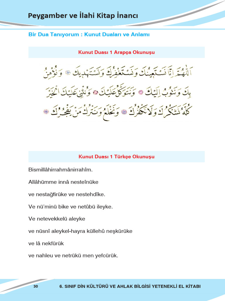 6.sinif Din Kulturu Ve Ahlak Bilgisi Kunut Dualari Ve Anlamlari | PDF
