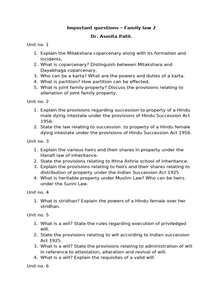 Family Law 2 Important Questions | PDF | Sharia | Inheritance