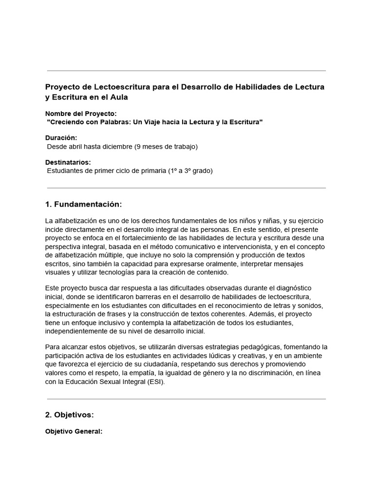 Proyecto de Lectoescritura para El Desarrollo de Habilidades de Lectura ...