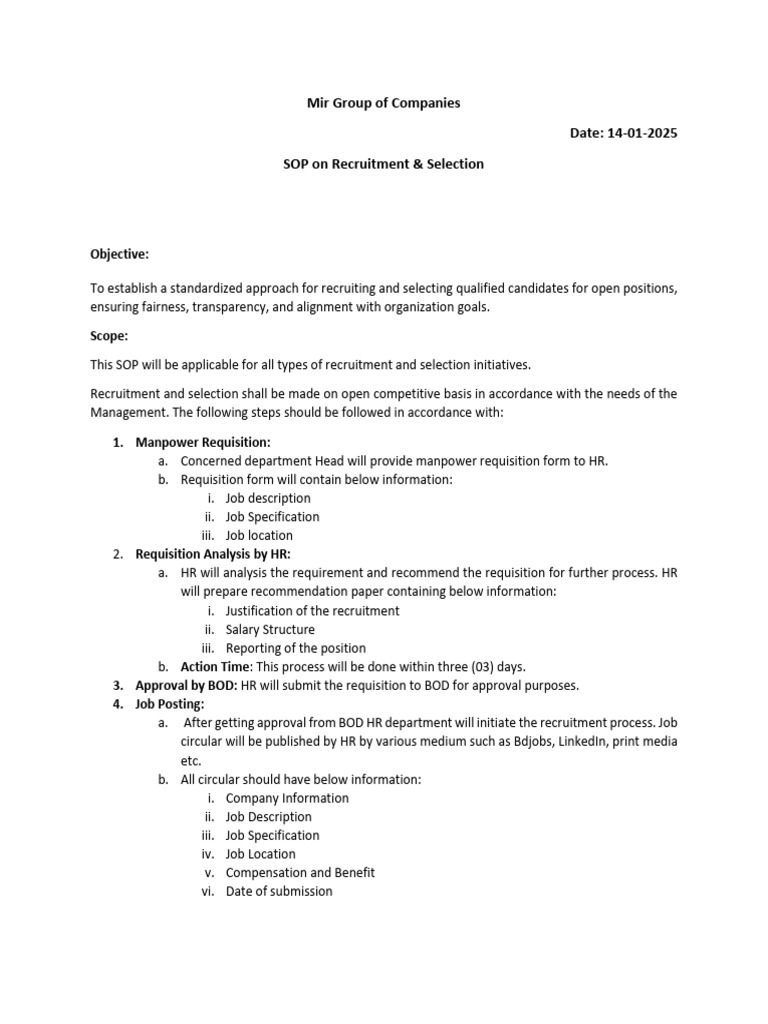 SOP For Recruitment 14-01-2025 | PDF | Recruitment | Human Resources
