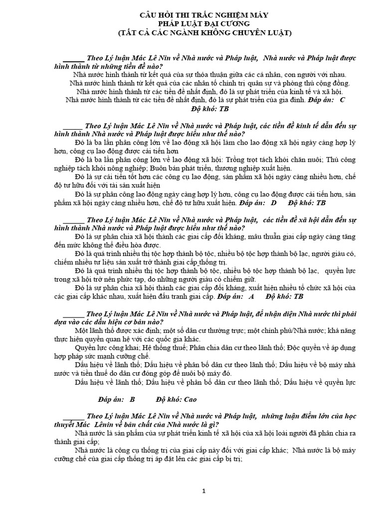 Cau Hoi Thi Trac Nghiem May Mon Phap Luat Dai Cuong Truong Dai Hoc Kin 134881 | PDF