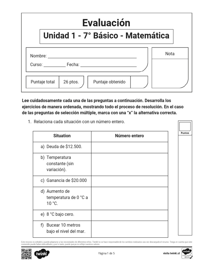 Evaluación Matematicas 7 | PDF | Entero