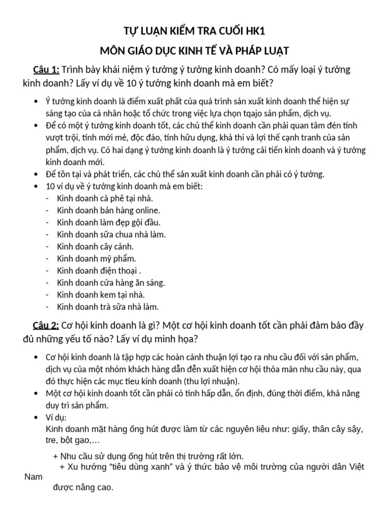 TỰ LUẬN KIỂM TRA CUỐI HK1 gdktpl 11 | PDF