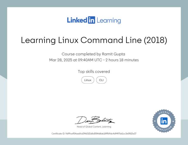 CertificateOfCompletion_Learning Linux Command Line 2018 (1) | PDF