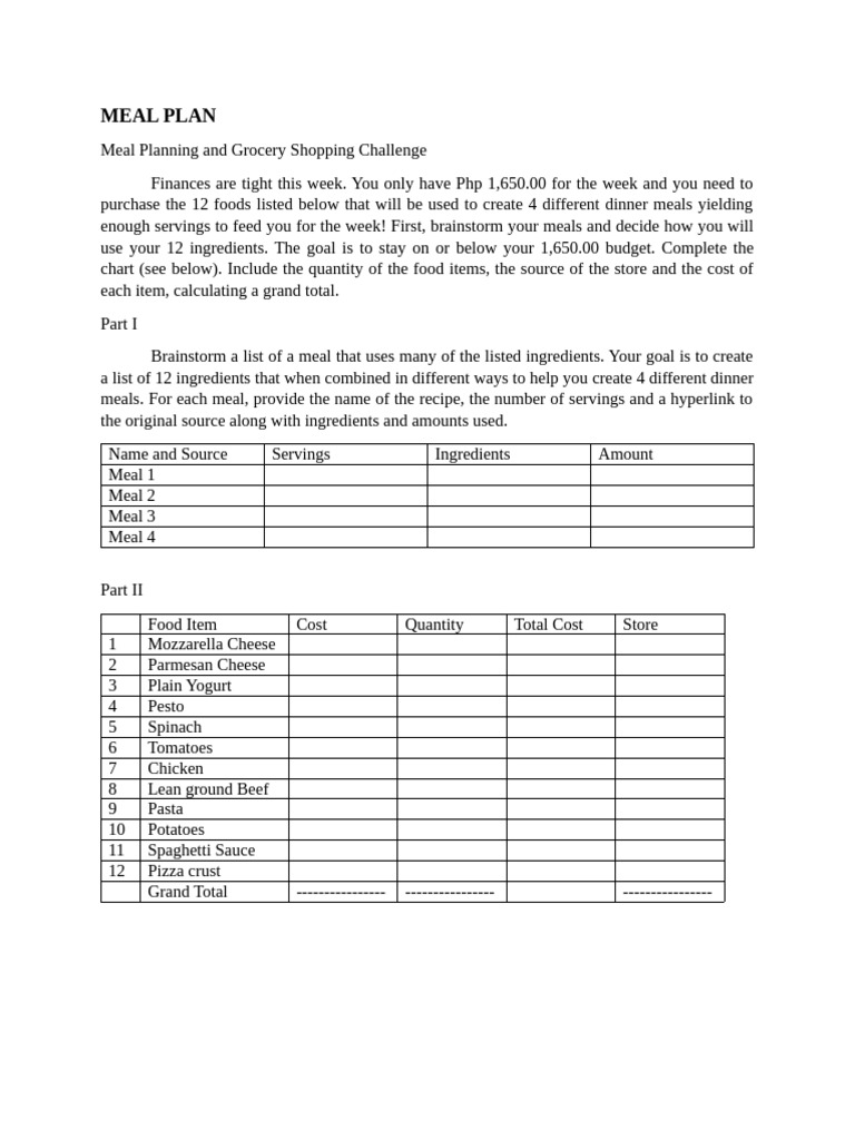 Week 2-3 - Activity - Meal Plan and Grocery Challenge | PDF