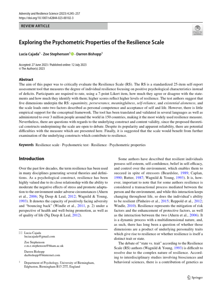 Exploring The Psychometric Properties of The Resilience Scale | PDF | Psychological Resilience ...