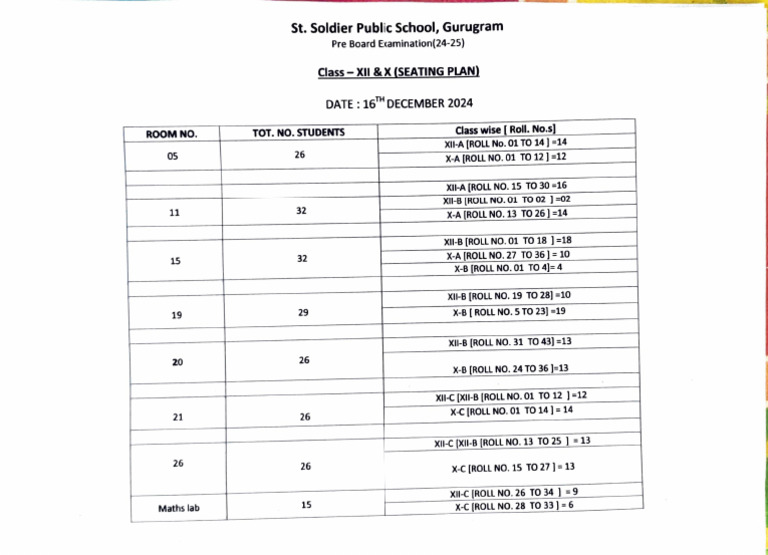 Seating Plan XII and X (16 Dec 2024) | PDF