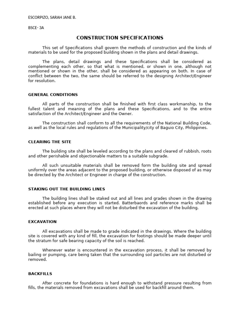 Sample Construction Specifications | PDF | Concrete | Framing (Construction)