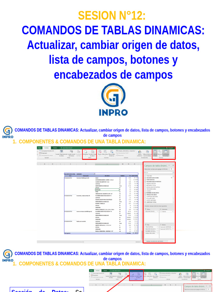 Clase 12a COMANDOS de TABLAS DINAMICAS Actualizar Cambiar Origen de Datos Lista de Campos ...