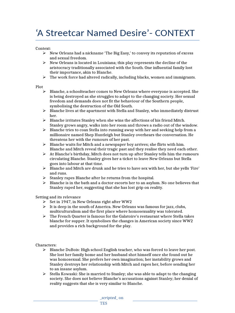 A Streetcar Named Desire: Context & Themes | PDF