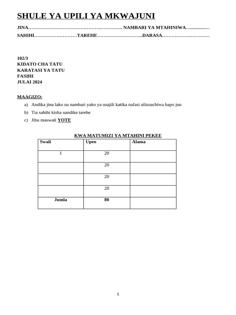 KISWAHILI_F3_PP3_exams[1] | PDF