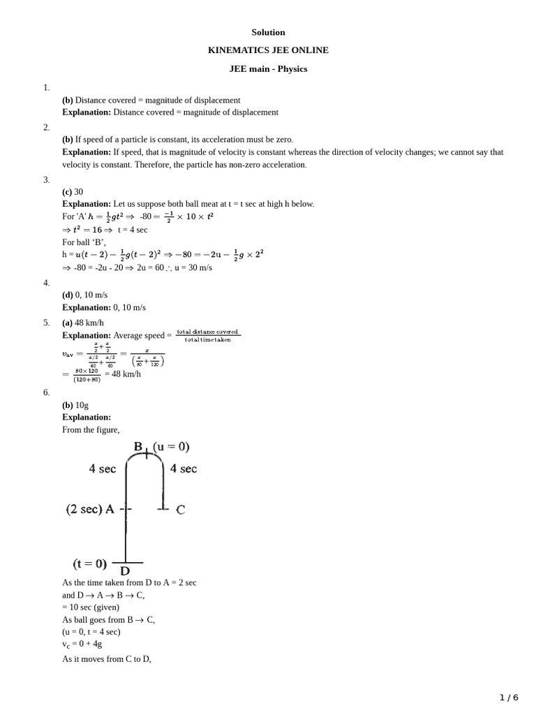 Kinematics Solutions for JEE Main | PDF | Kinematics | Speed