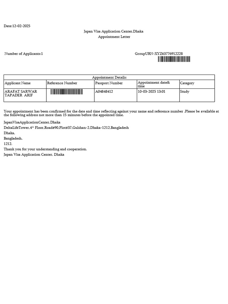 Japan Visa Appointment Confirmation | PDF