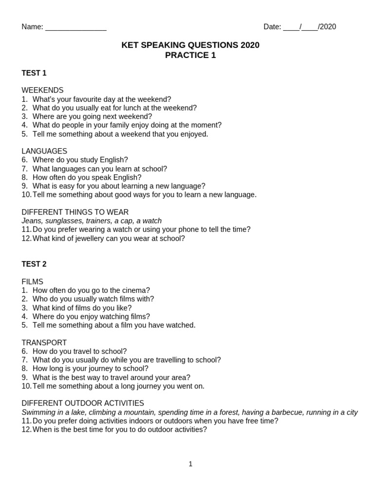 Ket Speaking Questions 2020 Practice 1 Cambridge | PDF | Lunch