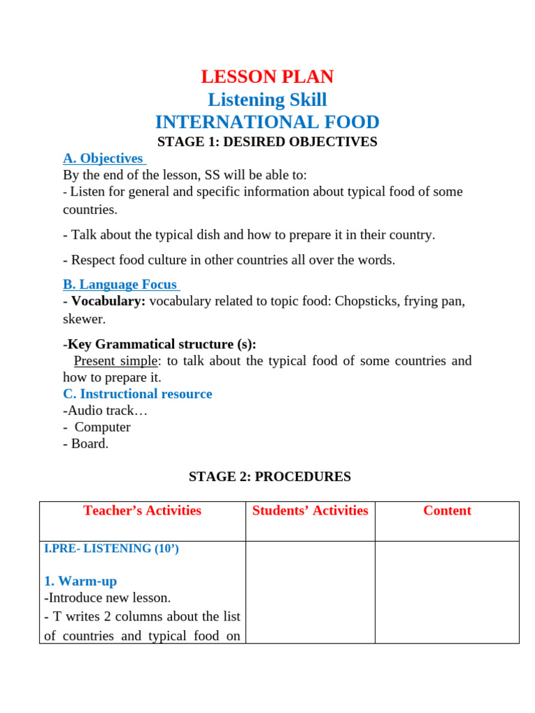 A Listening Lesson Lesson Plan | PDF | Vocabulary | Lesson Plan