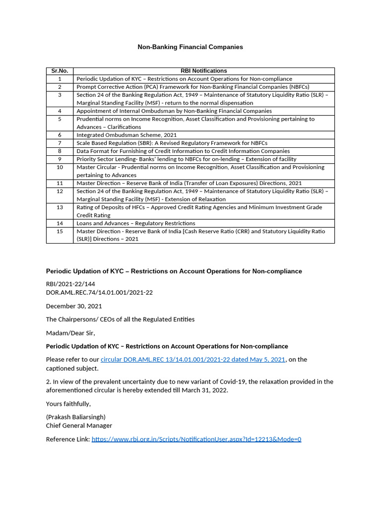 RBI Circulars for NBFC Compliance | PDF | Reserve Bank Of India | Banks