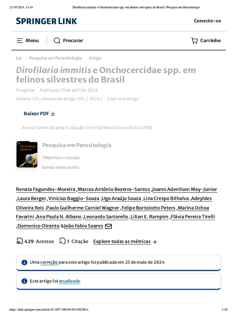 Dirofilaria Immitis e Onchocercidae Spp. em Felinos Selvagens Do Brasil ...