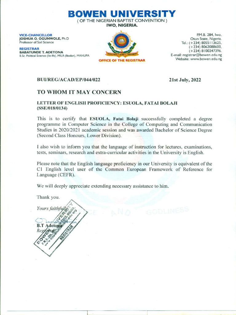 ESUOLA, English Proficiency Letter | PDF