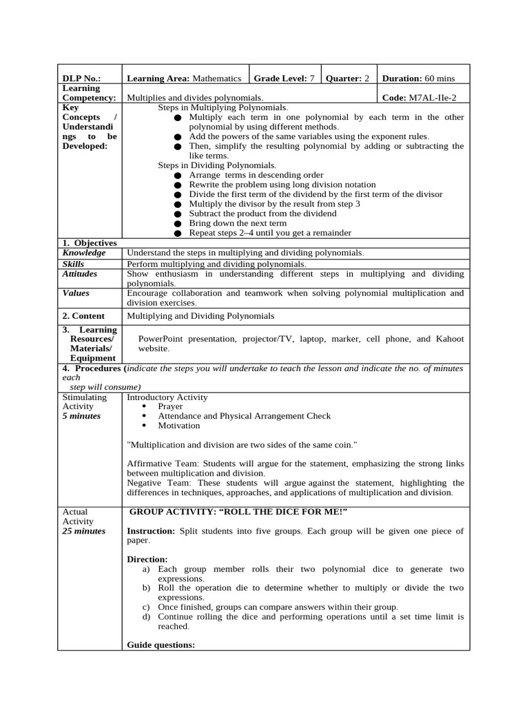 Lesson Plan (Polynomials) Final | PDF | Division (Mathematics) | Polynomial