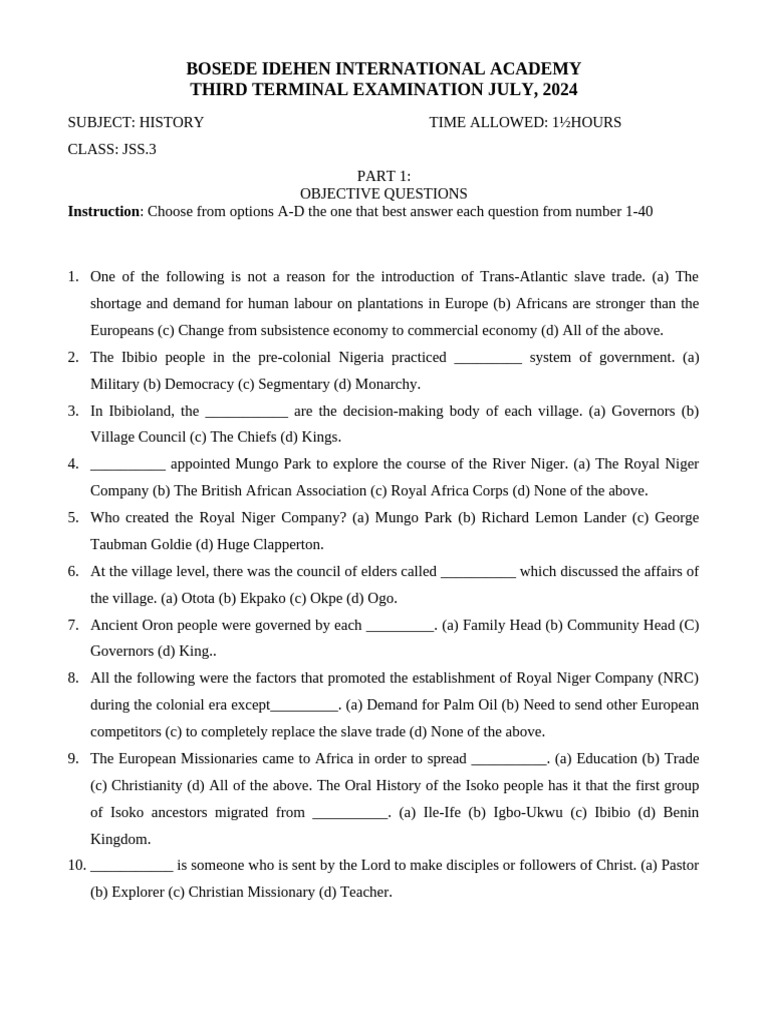 3rd Term Exam 2024 Jss 3 History Paper | PDF | Nigeria