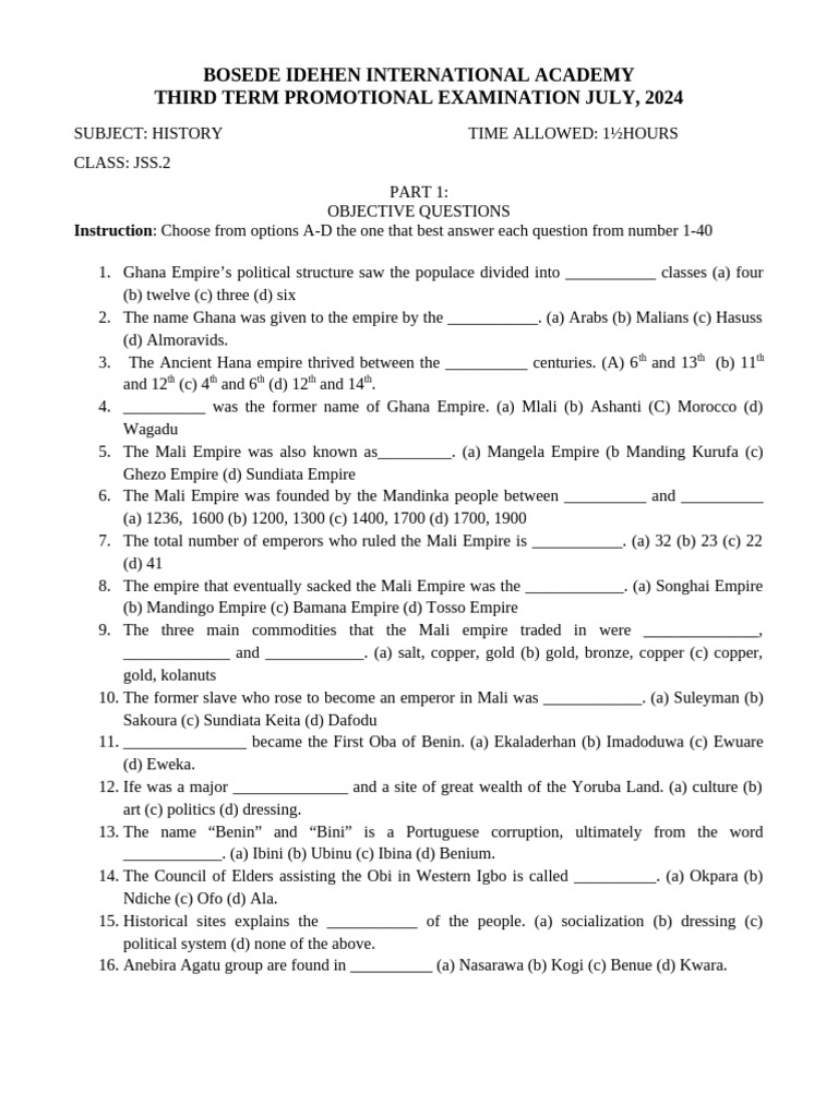 3rd Term Exam 2024 JSS 2 HISTORY Paper | PDF | Africa