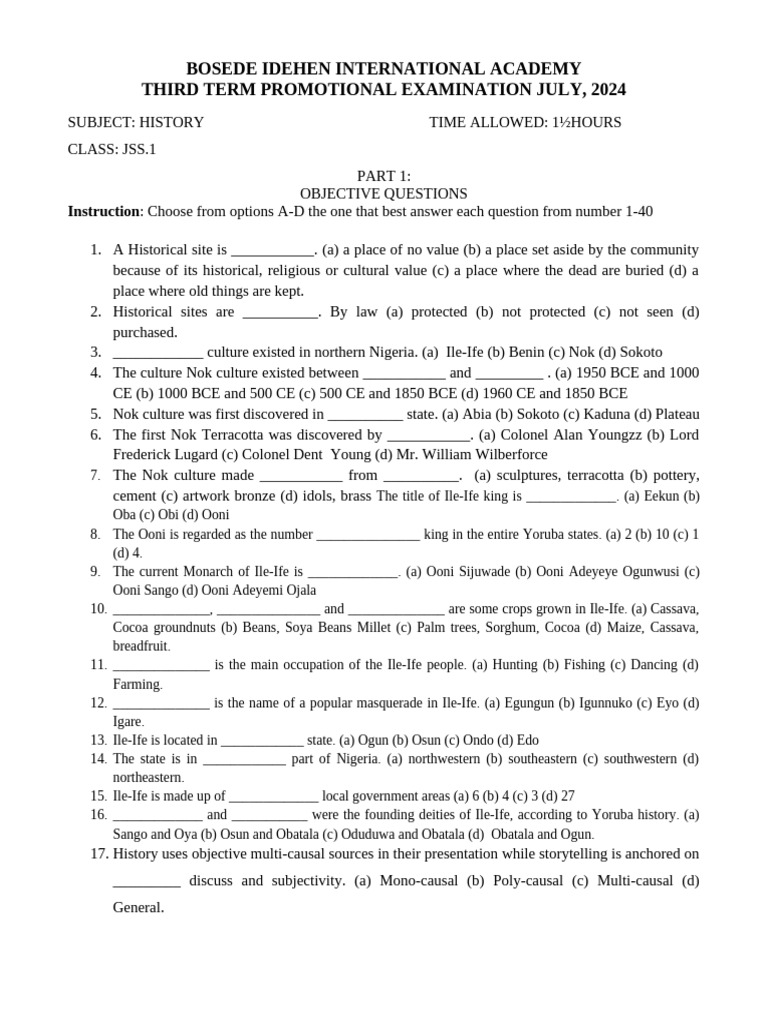 3rd Term Exam 2024 JSS 1 HISTORY Paper | PDF | Nigeria