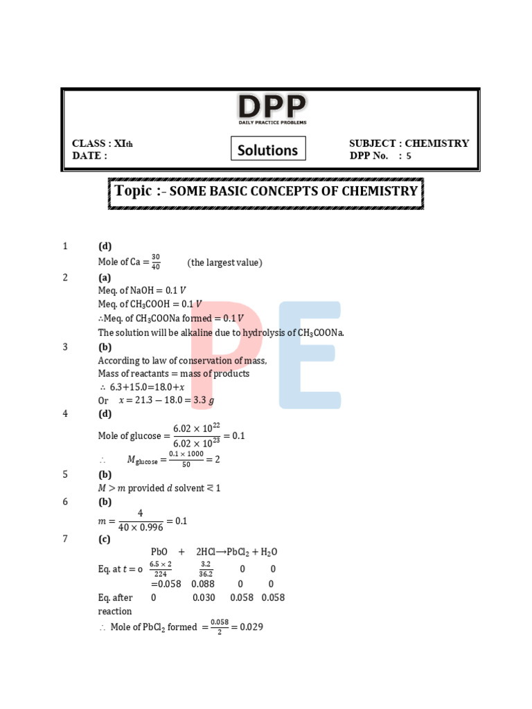 Mole Concept DPP 5 SOLUTION | PDF | Mole (Unit) | Sets Of Chemical Elements