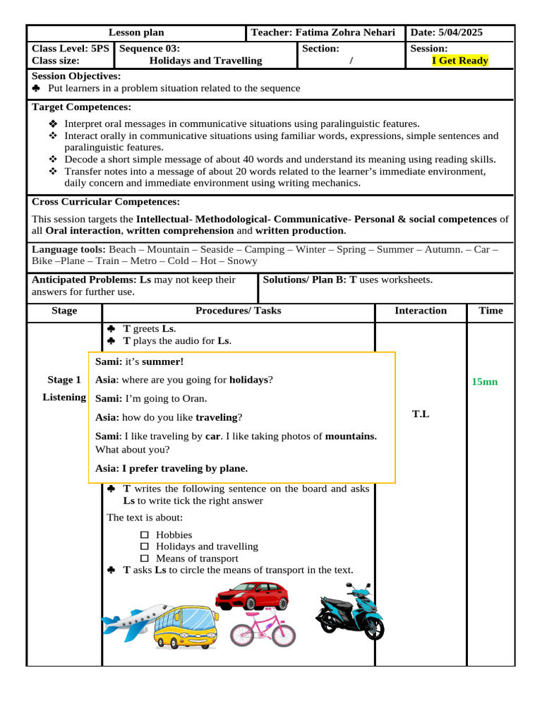Holiday Travel Lesson Plan | PDF | Human Communication | Learning