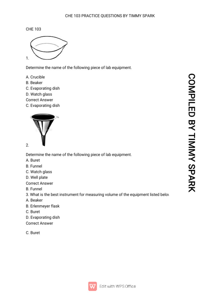 CHE 103 Practice Questions | PDF | Redox | Chemistry