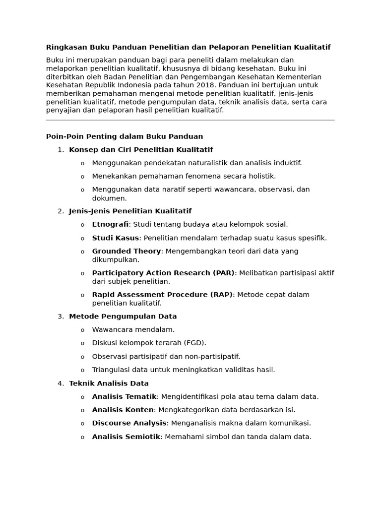 Ringkasan Buku Panduan Penelitian Dan Pelaporan Penelitian Kualitatif | PDF