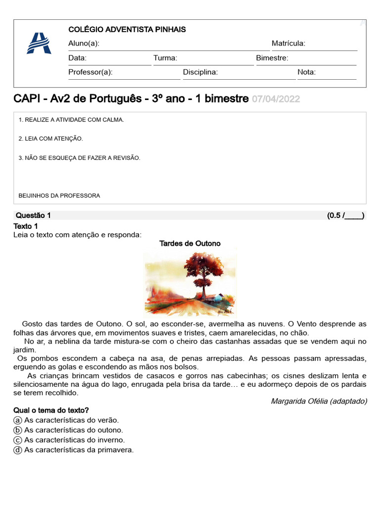 Av2 de Português 3 Ano 1 Bimestre | PDF