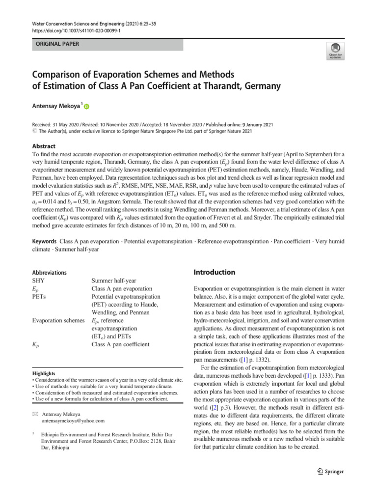 Comparison of Evaporation Schemes and Methods of Estimation of Class A ...