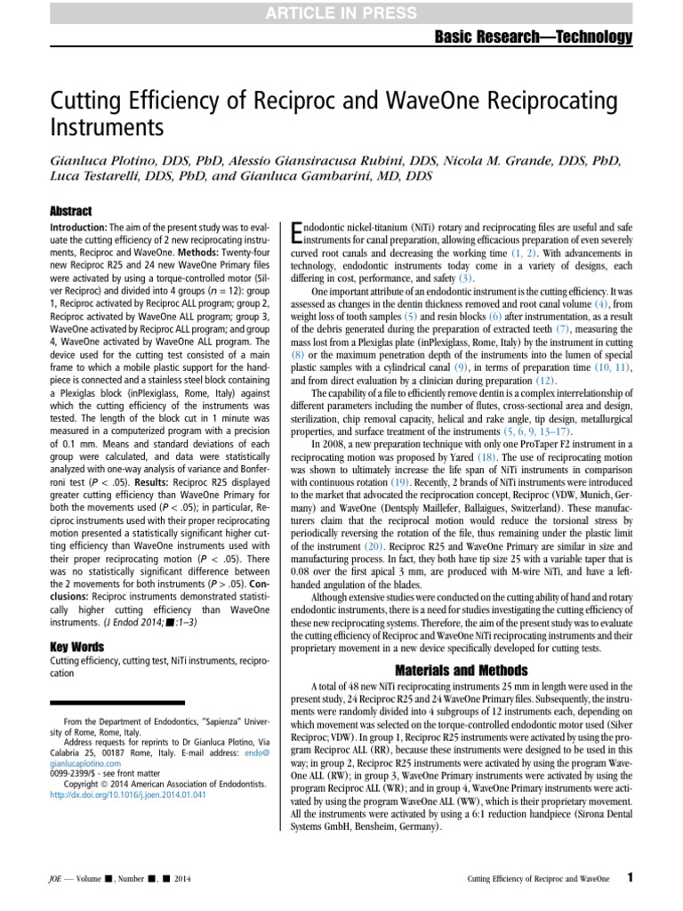 Cutting Efficiency of Reciproc and WaveOne Reciprocating | PDF