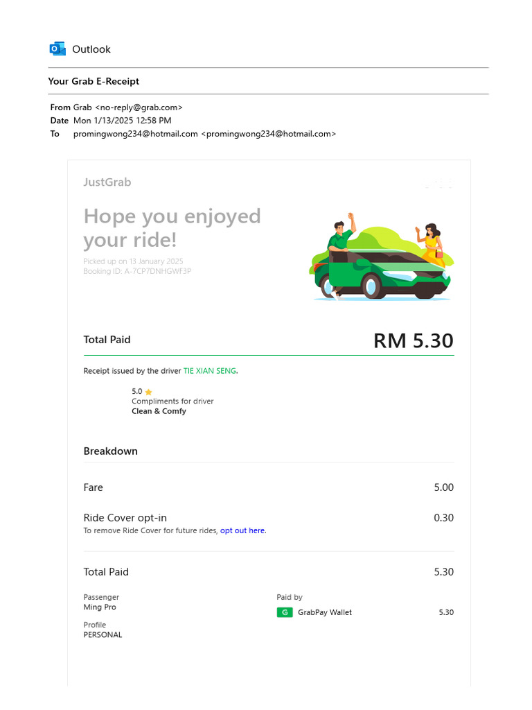 Your Grab E-Receipt - Proming Wong - Outlook | PDF