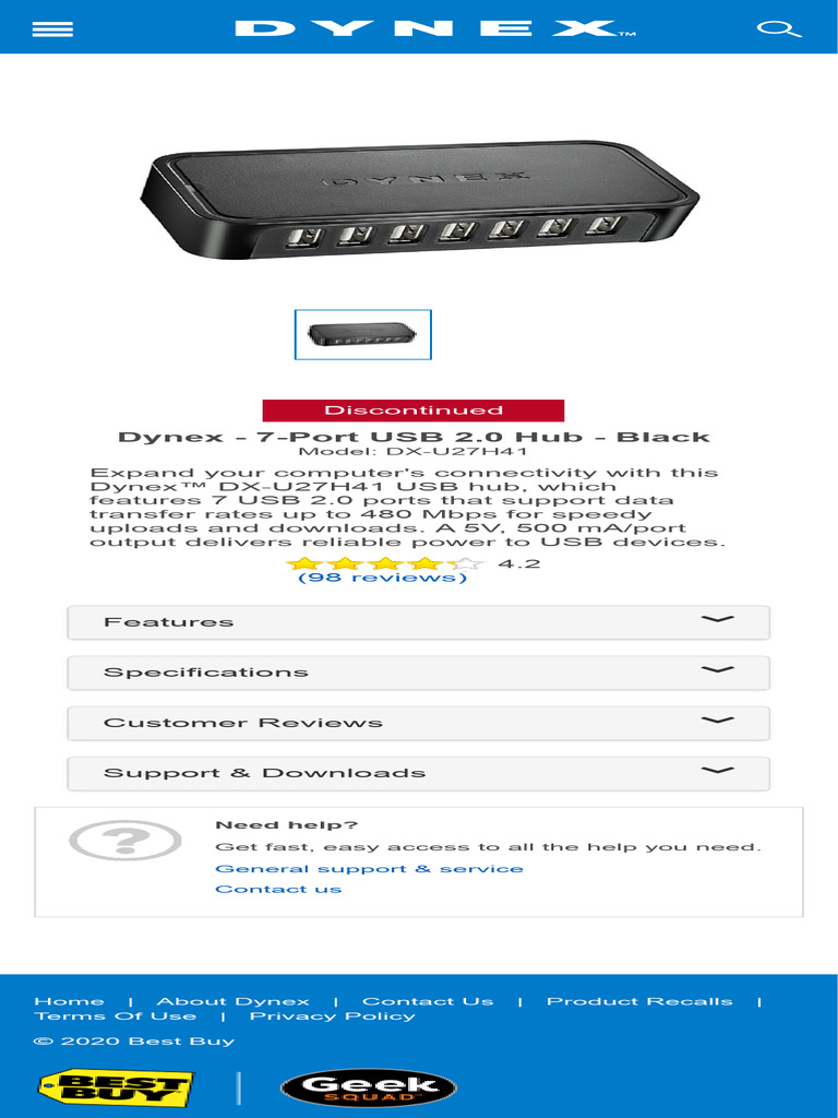 Dynex - 7-Port USB 2.0 Hub - Black | PDF