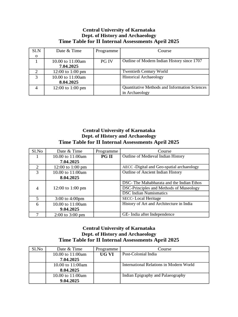 Time Table For II Internal Assessments April 2025 | PDF | Archaeology ...