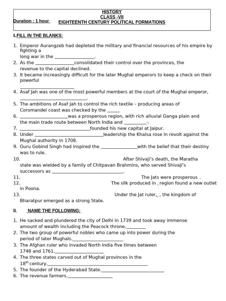 CLASS 7-SOCIAL-18th Century POLITICAL FORMATIONS | PDF | Mughal Empire