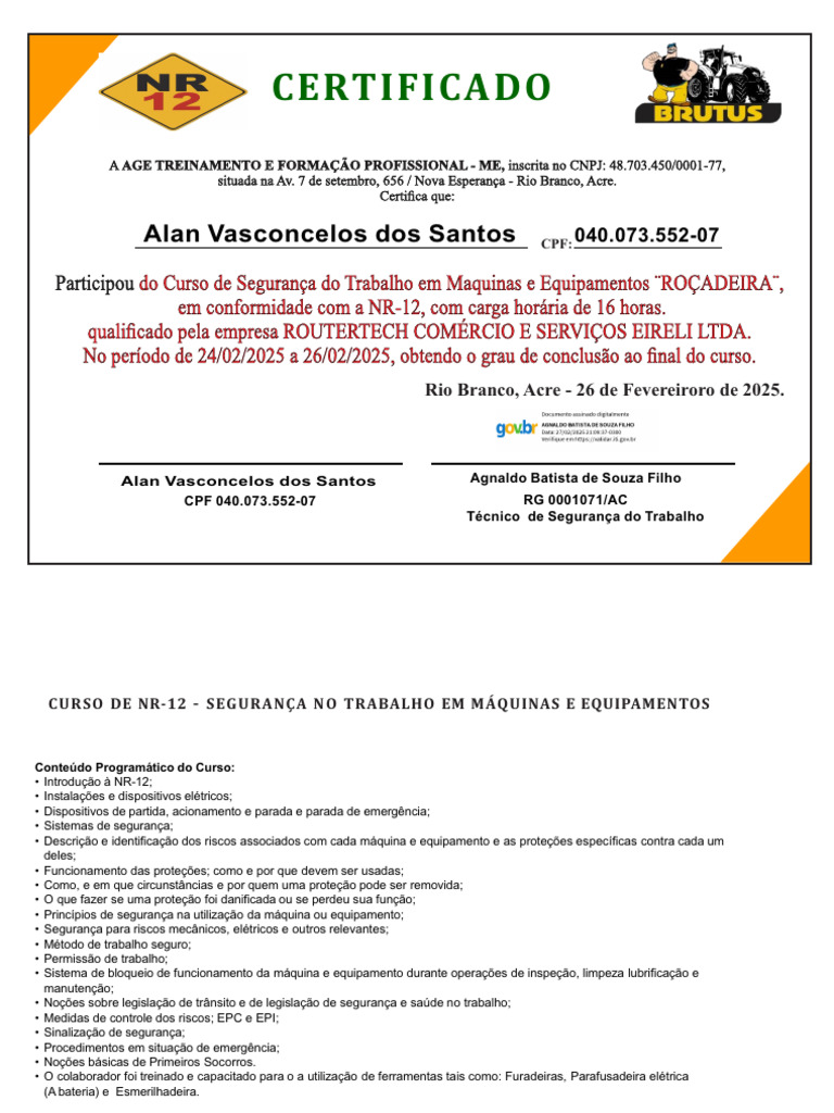 CERTIFICADO NR 12 ALAN Assinado | PDF