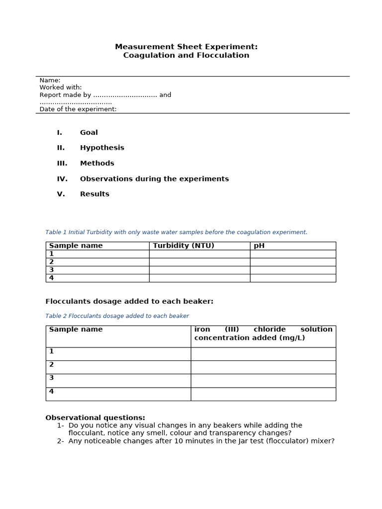 Measurement Sheet - Coagulation and Flocculation | PDF