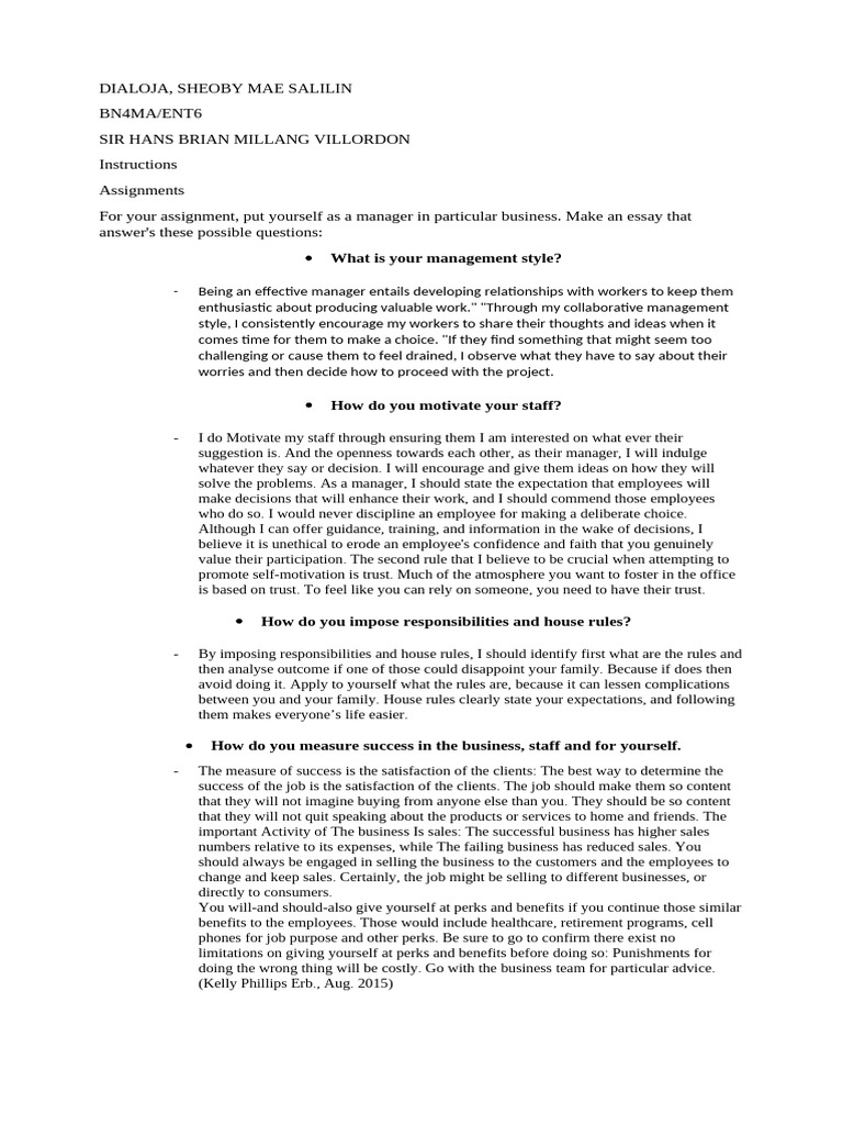 Dialoja, Sheoby Mae Salilin (Essay) | PDF | Employee Benefits | Sales