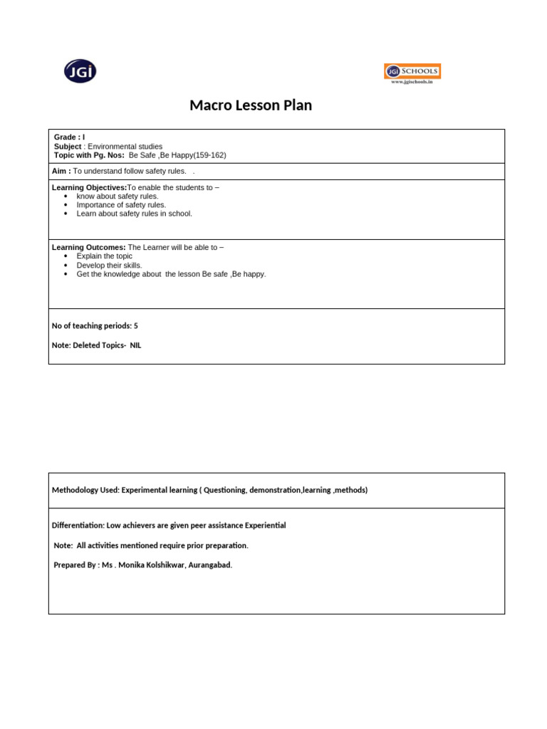Grade 1 Safety Rules Lesson Plan | PDF | Learning | Lesson Plan