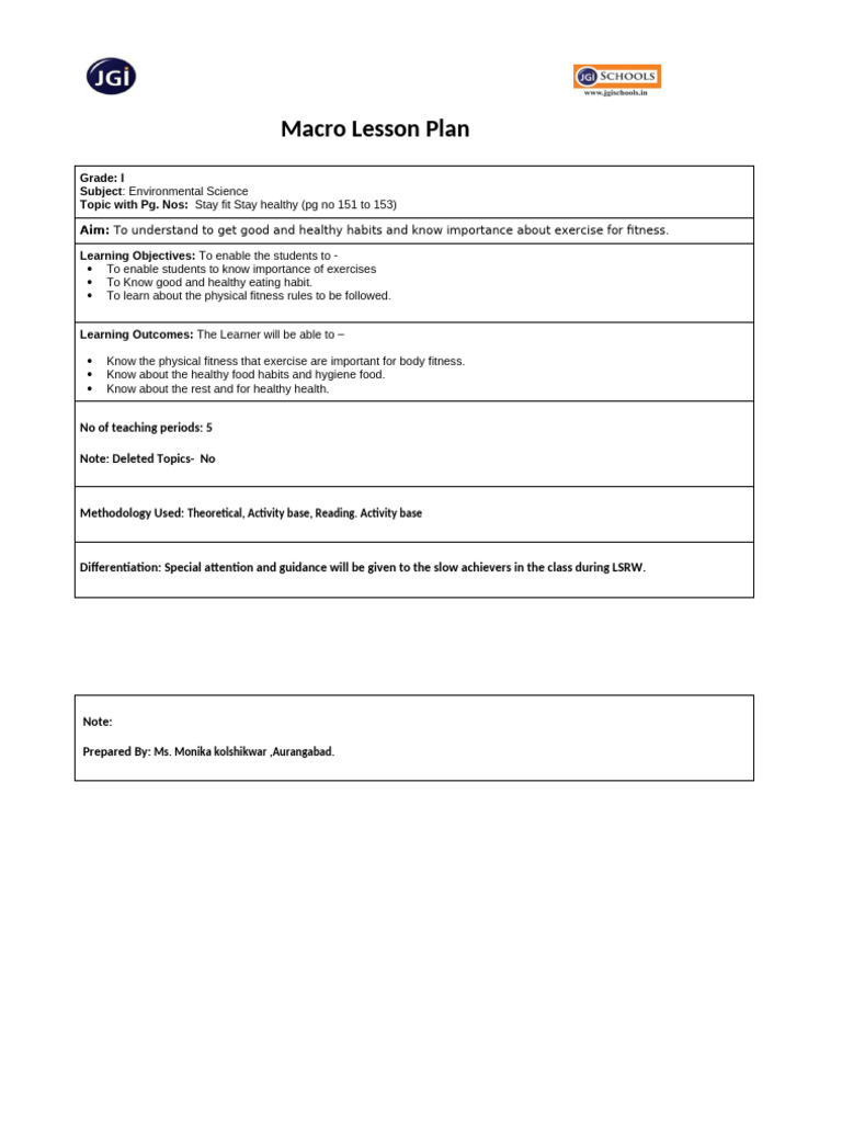 Grade 1 CH 8 - Stay Fit Stay Healthy | PDF | Teachers | Learning