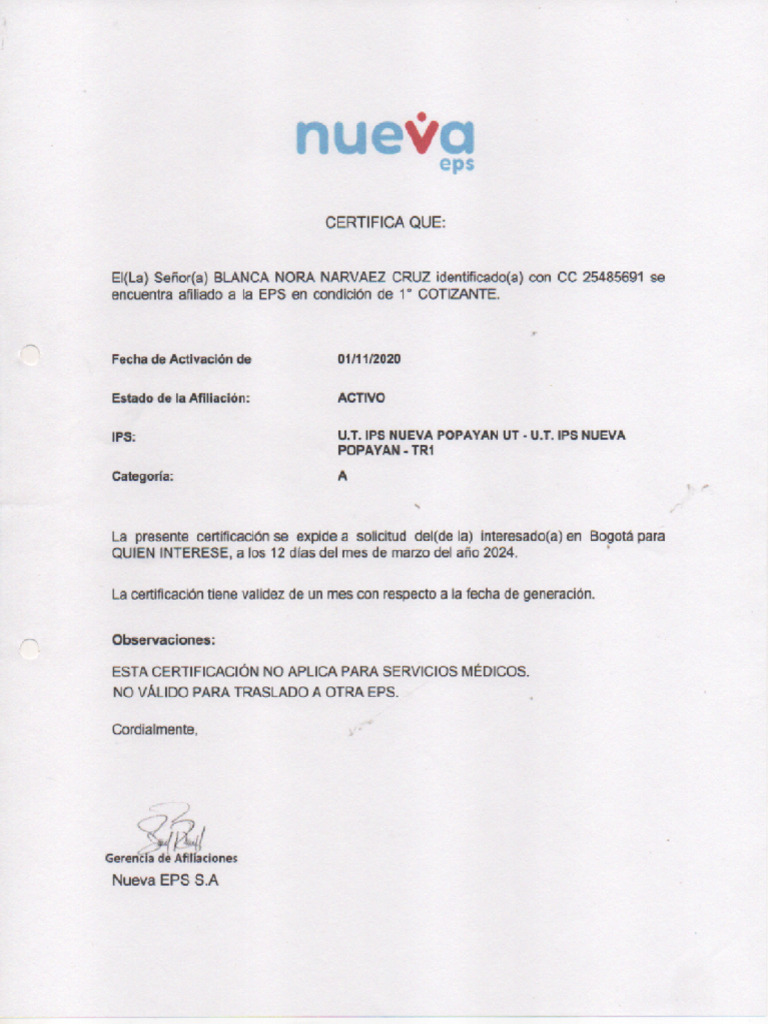 Eps Blanca Nora Narvaez Cruz 25485691 | PDF