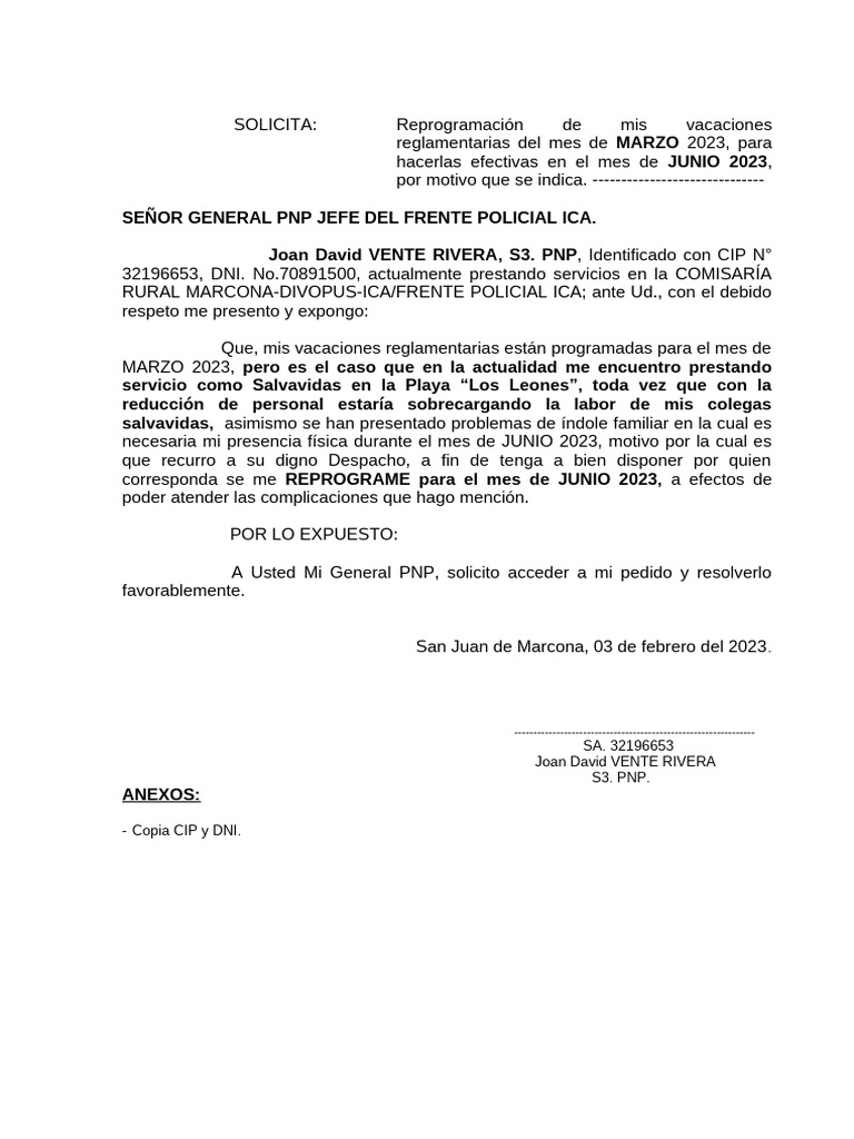 SOLICITUD REPROGRAMACION VACIONES | PDF