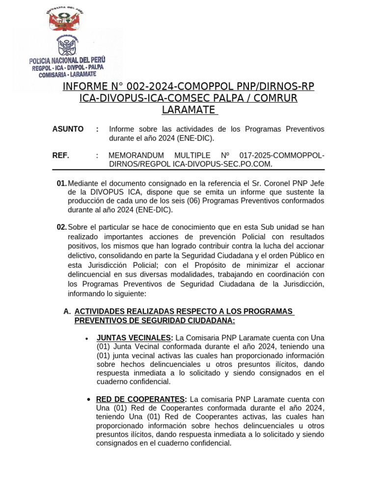 Actualizado Informe de Actividades Con Los Programas Preventivos 2024 | PDF | Seguridad nacional ...