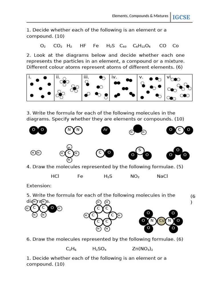 WS - Elements, Compounds & Mixtures | PDF | Molecules | Chemical Compounds