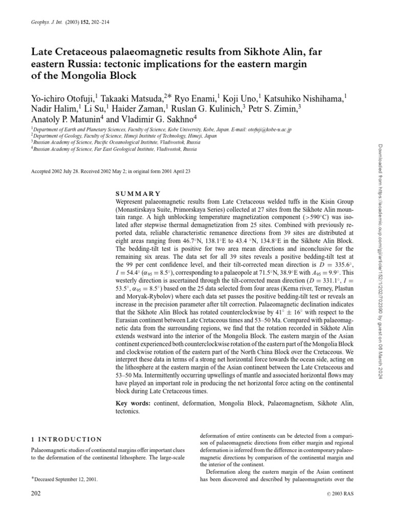 Late Cretaceous Palaeomagnetic Results From Sikhote Alin | PDF | Plate Tectonics | Continent