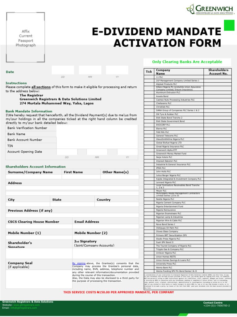Greenwich E-Dividend Mandate Form | PDF | Business | Private Sector